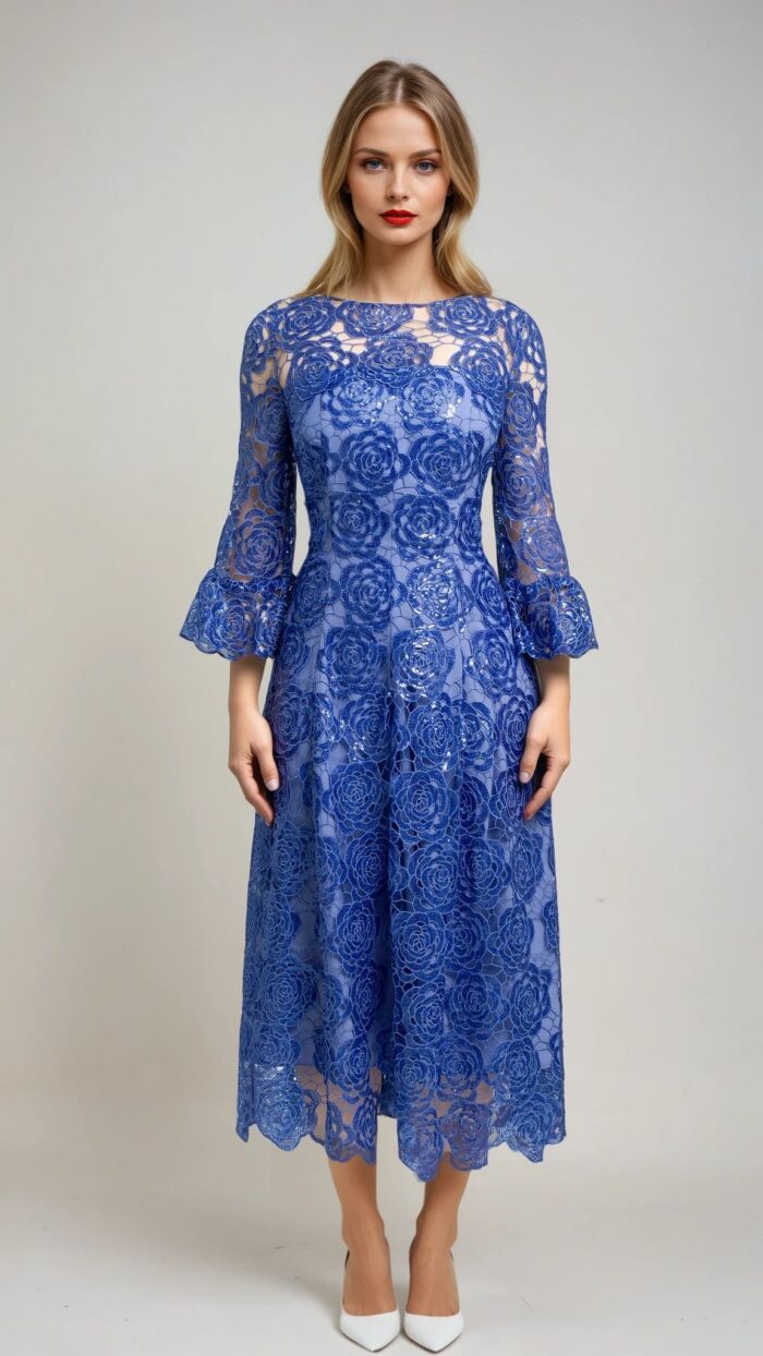 Calf length lace dress with delicate sequin details and long sleeves ...