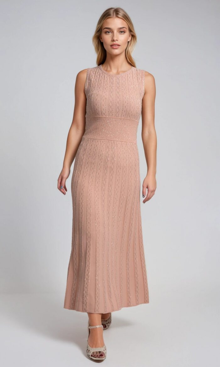 Sleeveless Knitted Midi Dress with Pointelle Pattern and Sequin Details ...